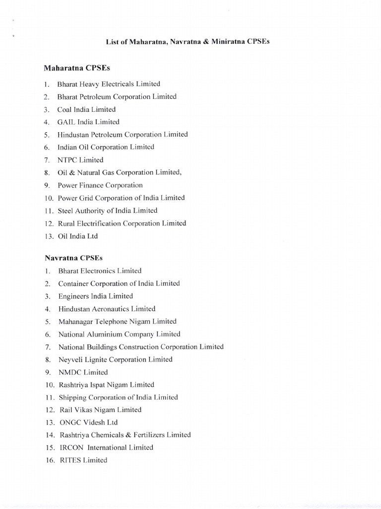 List of Maharatna, Navratna and Miniratna CPSEs | PDF | Economy Of ...