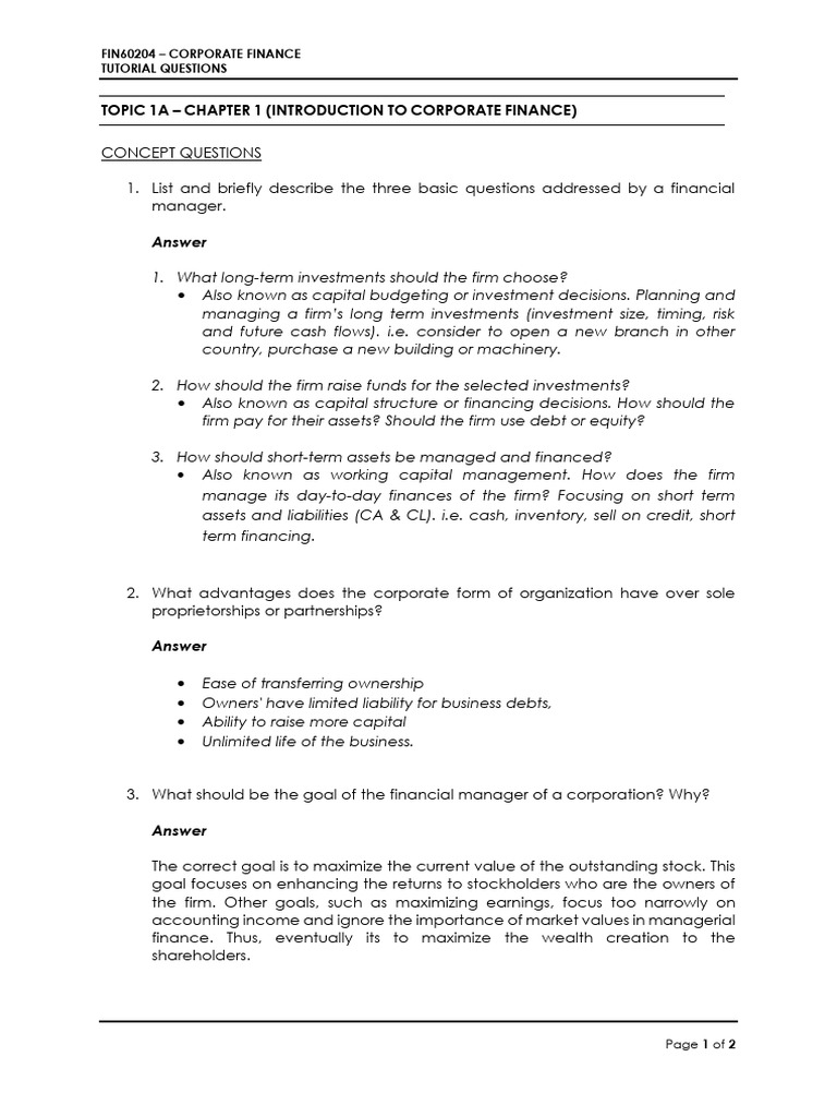 Corporate Finance Tutorial Overview | PDF | Economies | Money