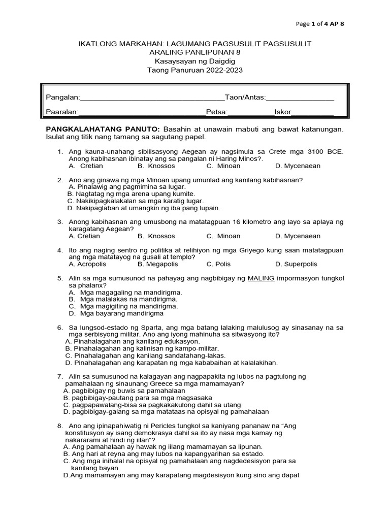 3rd Quarter - AP8 Pre-Test | PDF