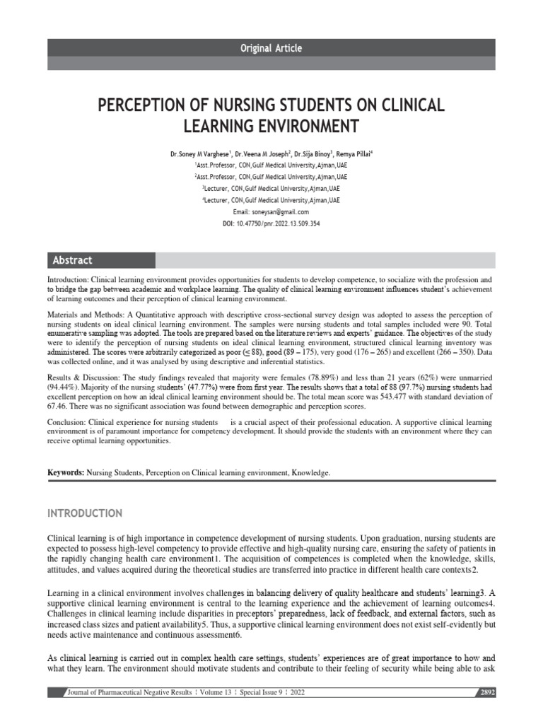 Perception of Nursing Students On Clinical Learning Environment | PDF | Nursing | Health Care