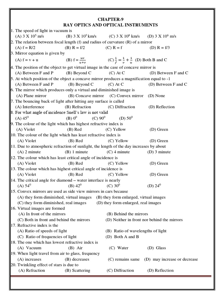 Chapter-9 Ray Optics and Optical Instruments | PDF | Optics | Mirror