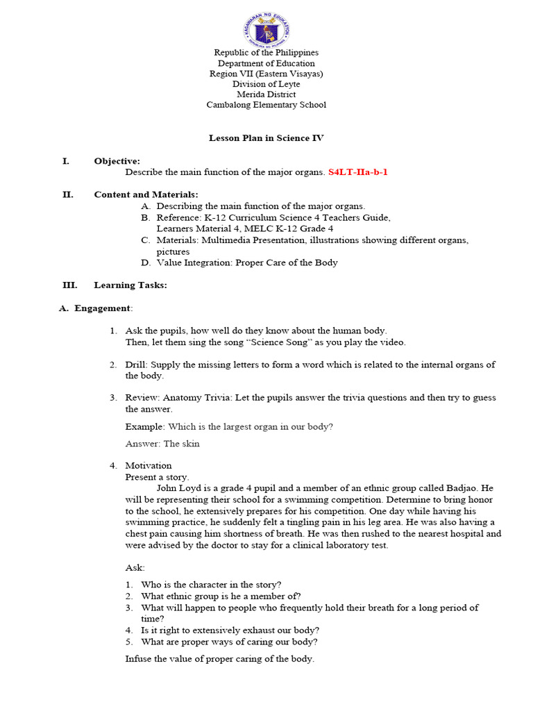 Grade 4 Lesson Plan: Major Organs | PDF | Heart | Blood