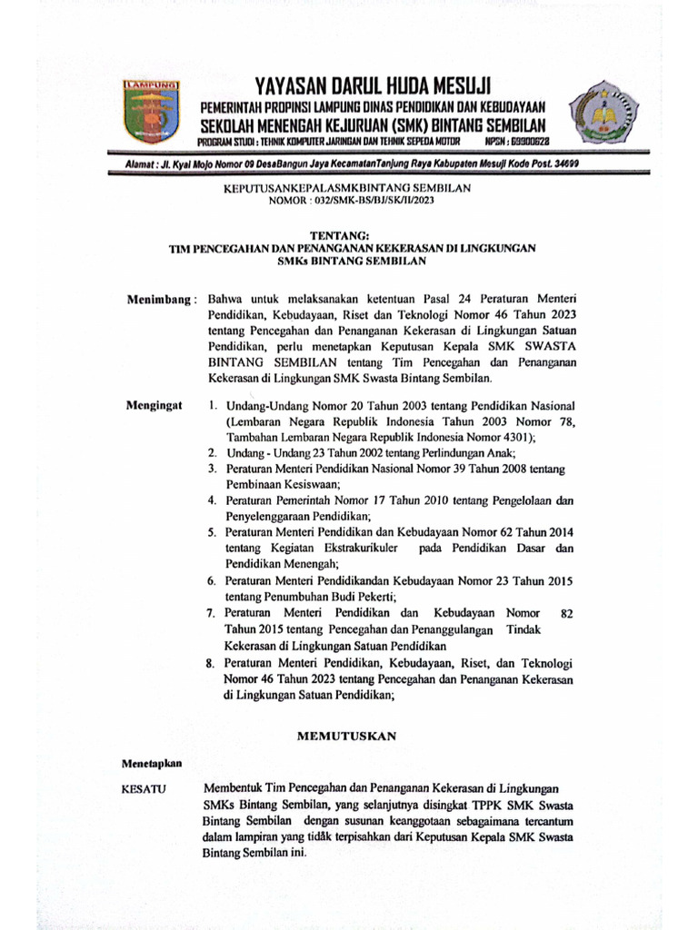 Contoh SK TPPK SMK BINTANG SEMBILAN | PDF