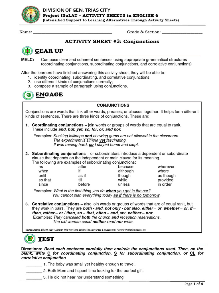 Q4 Eng6 As#3-Conjunctions FINAL | PDF | Syntax | Grammar