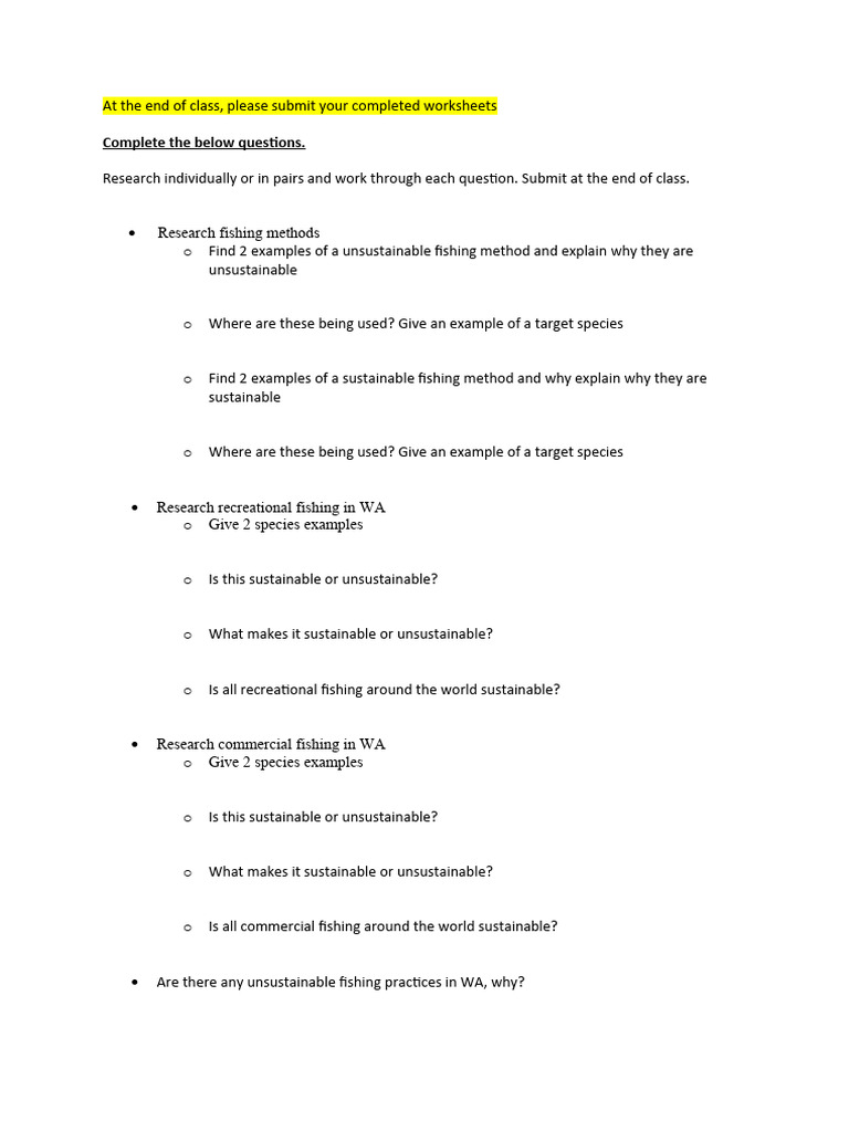 Fisheries Worksheet | PDF