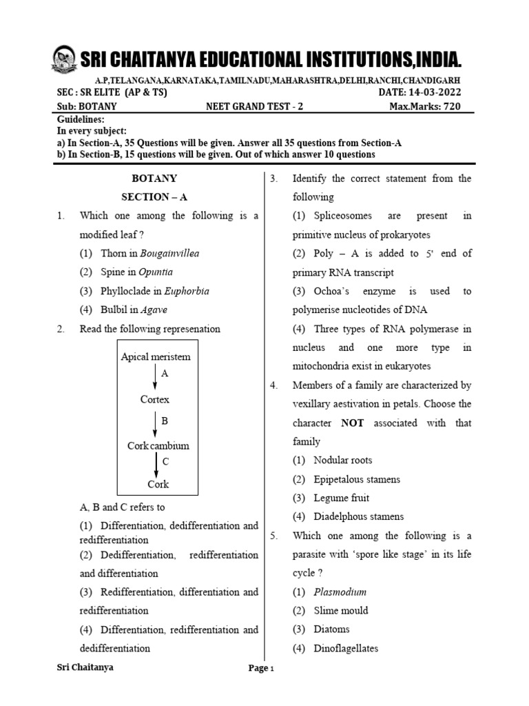 Ap & TS - SR Elite Neet Grand Test - 2 Paper - 14-03-2022 | PDF | Rna ... Ap & TS - SR Elite Neet Grand Test - 2 Paper - 14-03-2022 | PDF | Rna ...