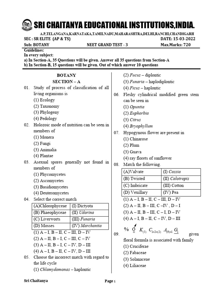 (Ap & TS) SR Elite Neet Grand Test - 3 Paper (15-03-2022) | PDF