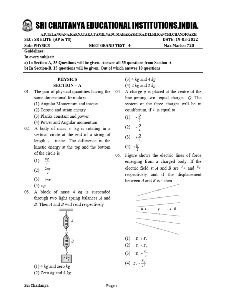 Ap & TS - SR Elite Neet Grand Test - 4 Paper - 19-03-2022 | PDF ...