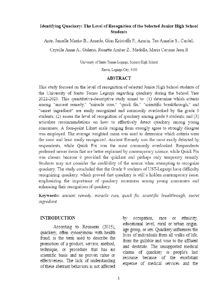 Identifying Quackery: The Level of Recognition of The Selected Junior ...