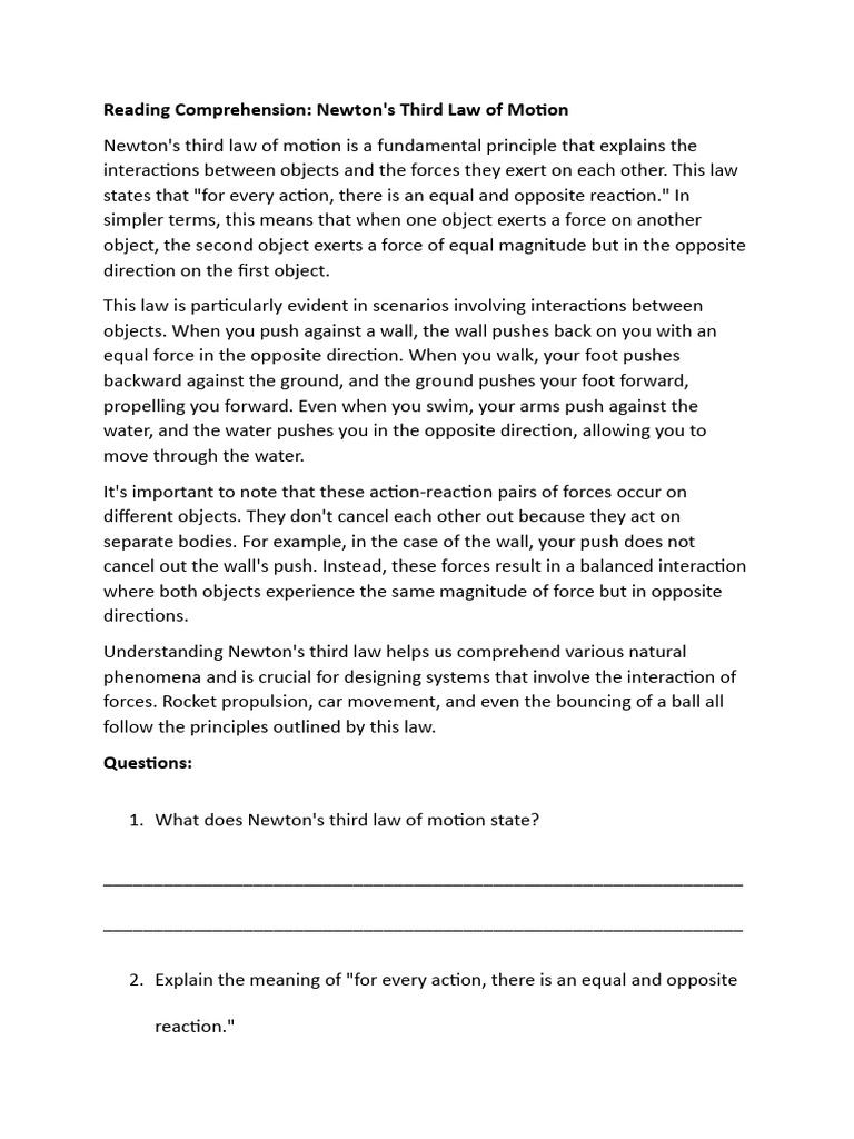 Reading Comprehension 3rd Laws | PDF | Force | Newton's Laws Of Motion