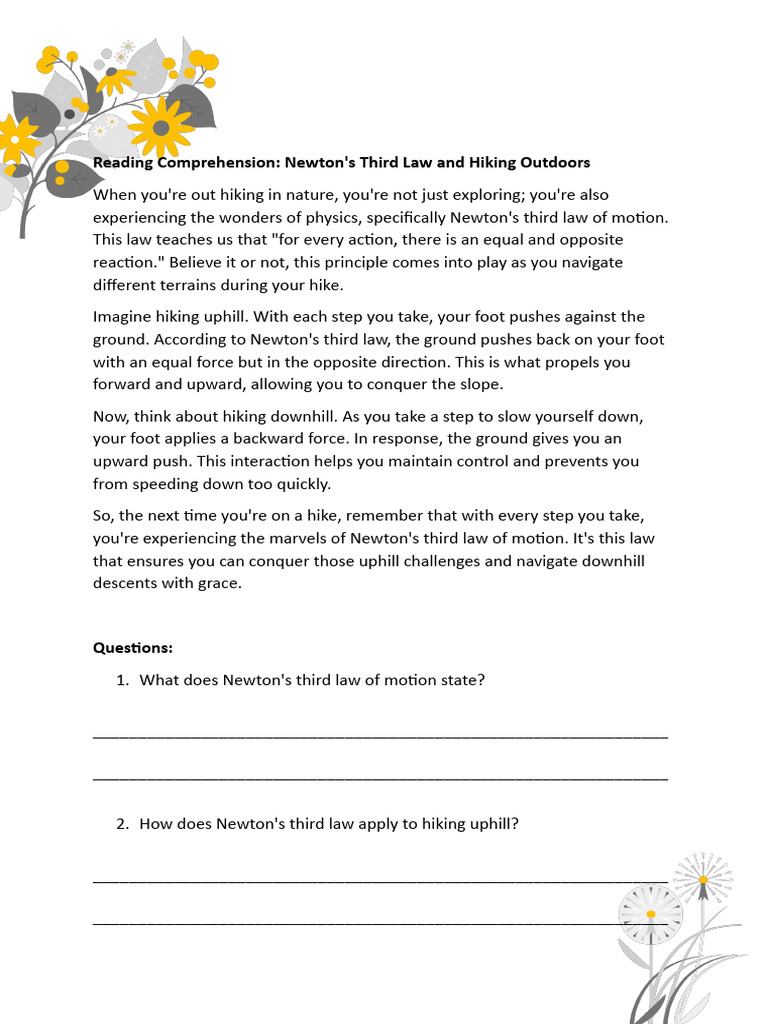 3rd Law Reading Comprehension, Hiking | PDF | Force | Mechanics