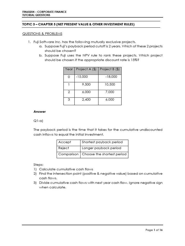 Corporate Finance Tutorial 3 - Solutions | PDF | Net Present Value ...