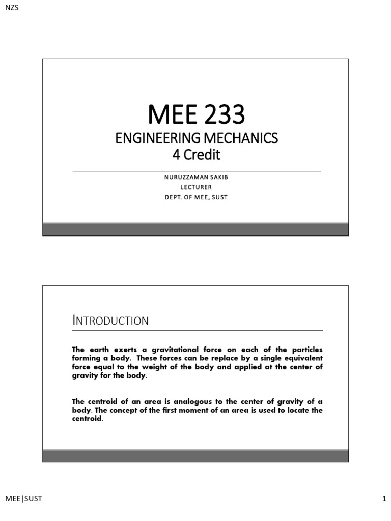 MEE 233 - Centroids | PDF | Center Of Mass | Gravity
