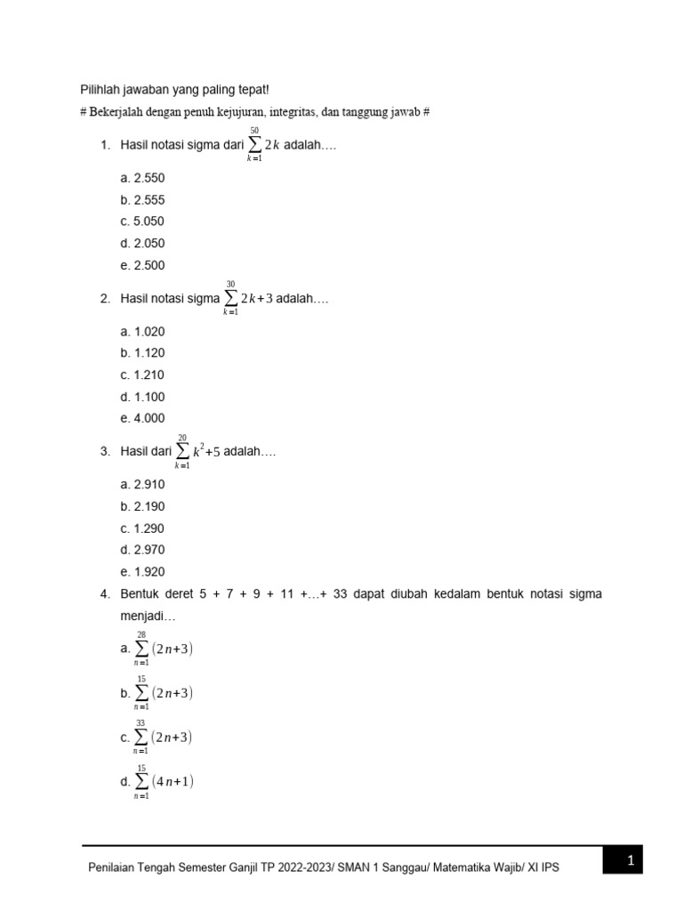 Soal Uts Kelas Xi Ips Matematika Wajib 2022 | PDF