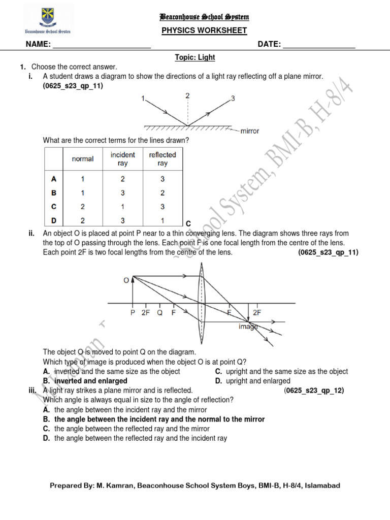 Light Worksheet 0625 | PDF | Mirror | Refraction