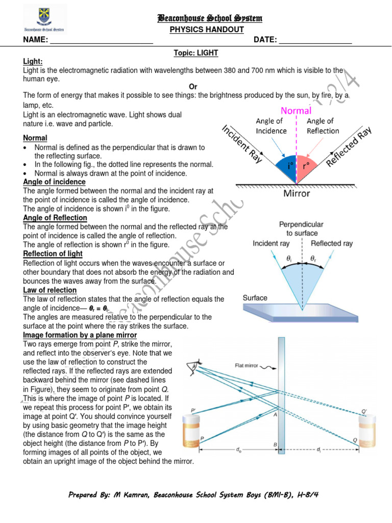 Handout Light | PDF | Refraction | Reflection (Physics)