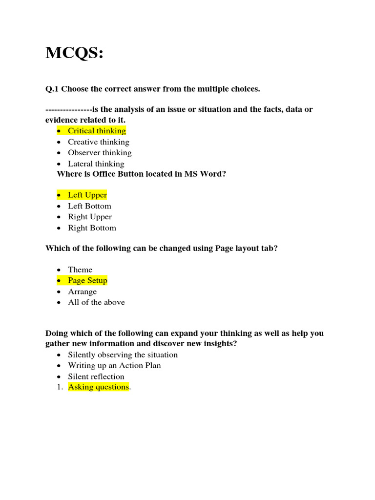 Dcs Mcqs and Short Questions | PDF | Critical Thinking | Thought