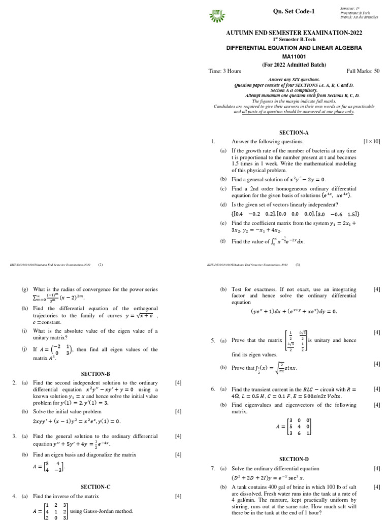 Differential Equation and Linear Algebra (MA11001) | PDF | Eigenvalues And Eigenvectors | Equations