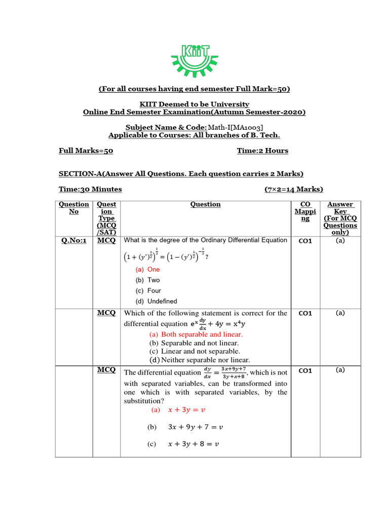 Math-I (MA1003) | PDF | Ordinary Differential Equation | Eigenvalues And Eigenvectors