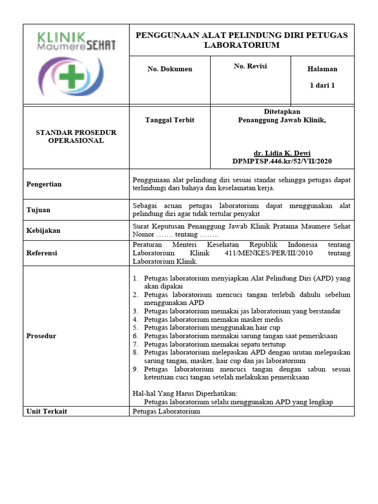 Spo Penggunaan Apd Labor | PDF
