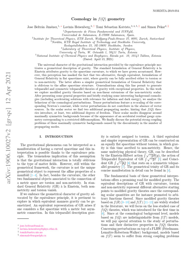 Cosmology in F (Q) Geometry: Jose - Beltran@usal - Es Lavinia ...