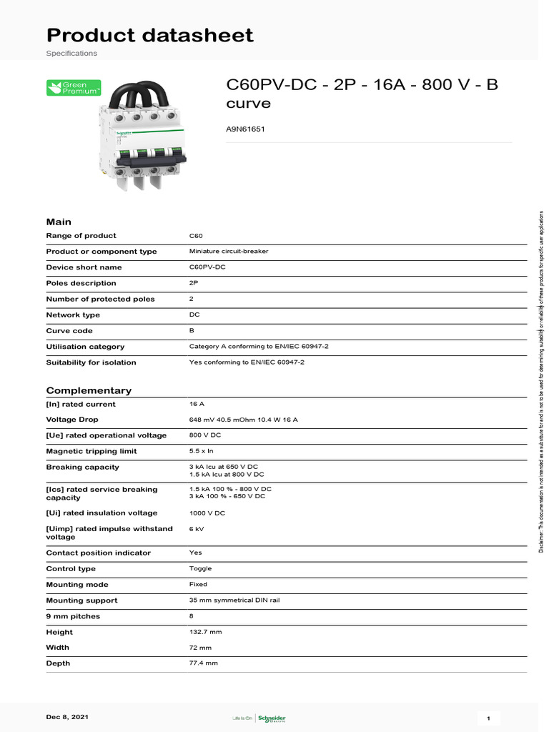 C60 For DC Circuits - A9N61651, 16a, 2p, Curve B | PDF | Electric Power ...