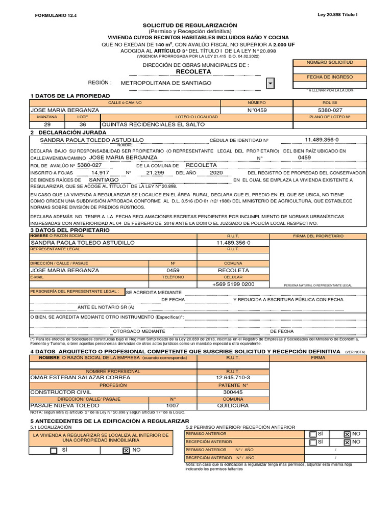 Solicitud Ley 20.898 hasta 140 m2 | PDF | Arquitecto | Derecho Civil (Common Law)