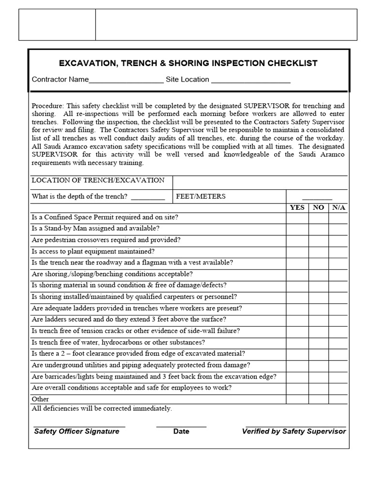 11-Excavation, Trenching, Shoring Checklist | PDF