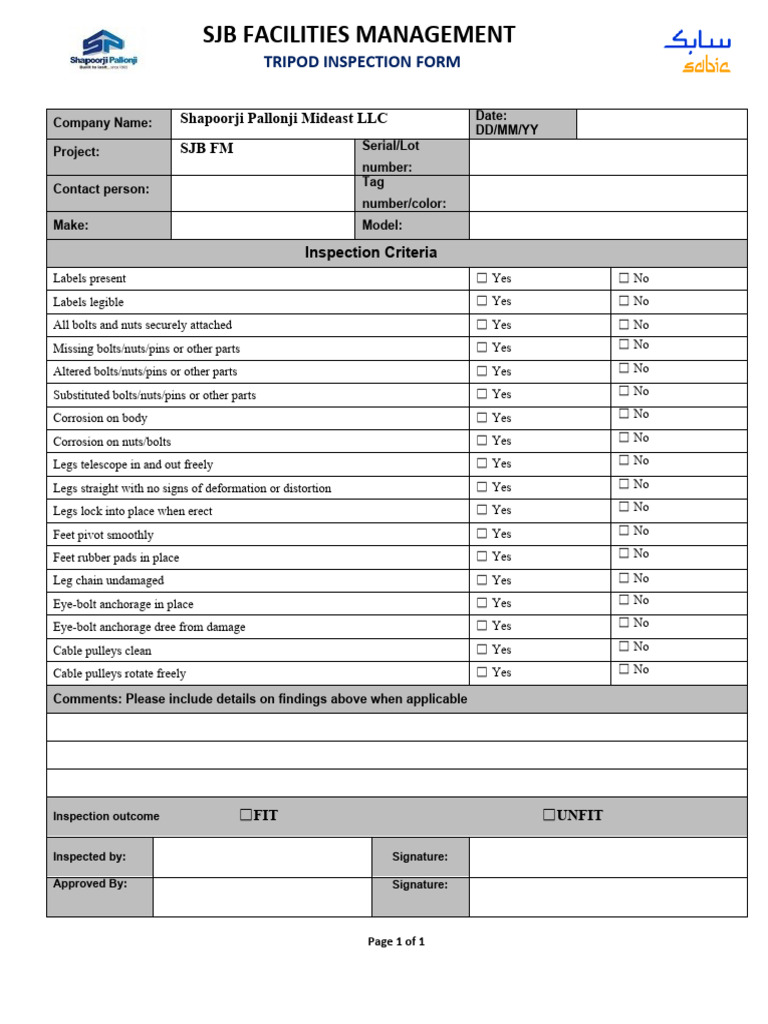 Tripod Inspection Form - Fillable | PDF