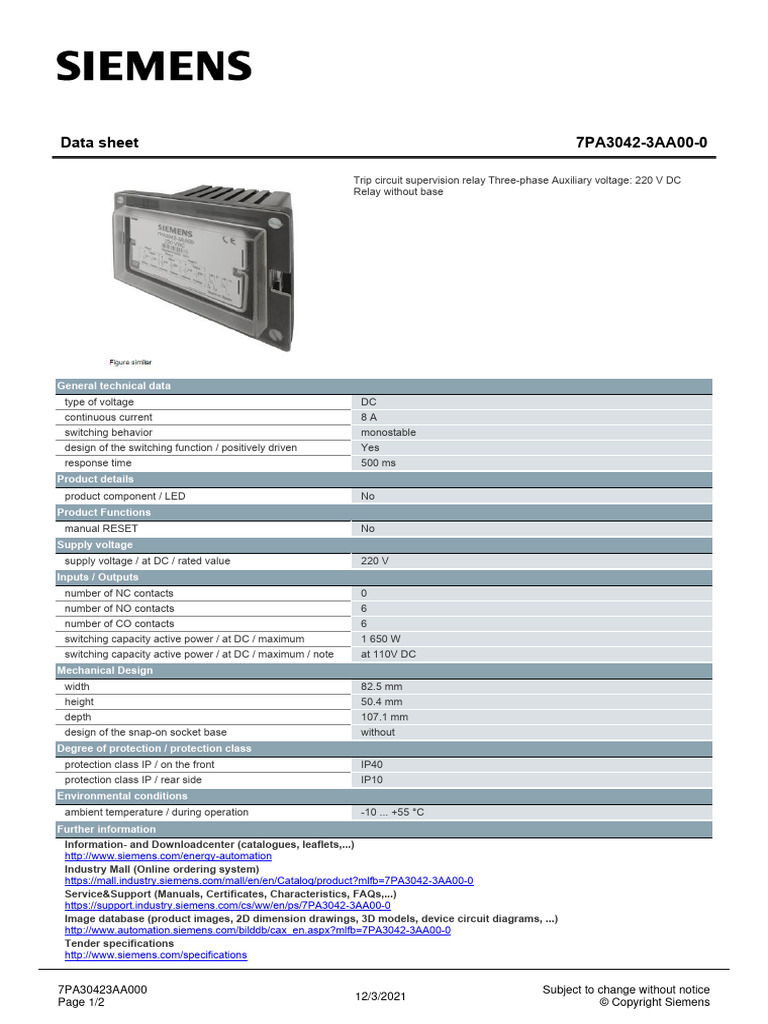 7PA30423AA000 Datasheet En, TCS, 3p | PDF | Relay | Electrical Equipment