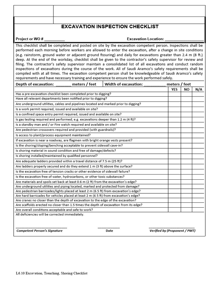 Excavation Inspection Checklist for Aramco | PDF | Home & Garden