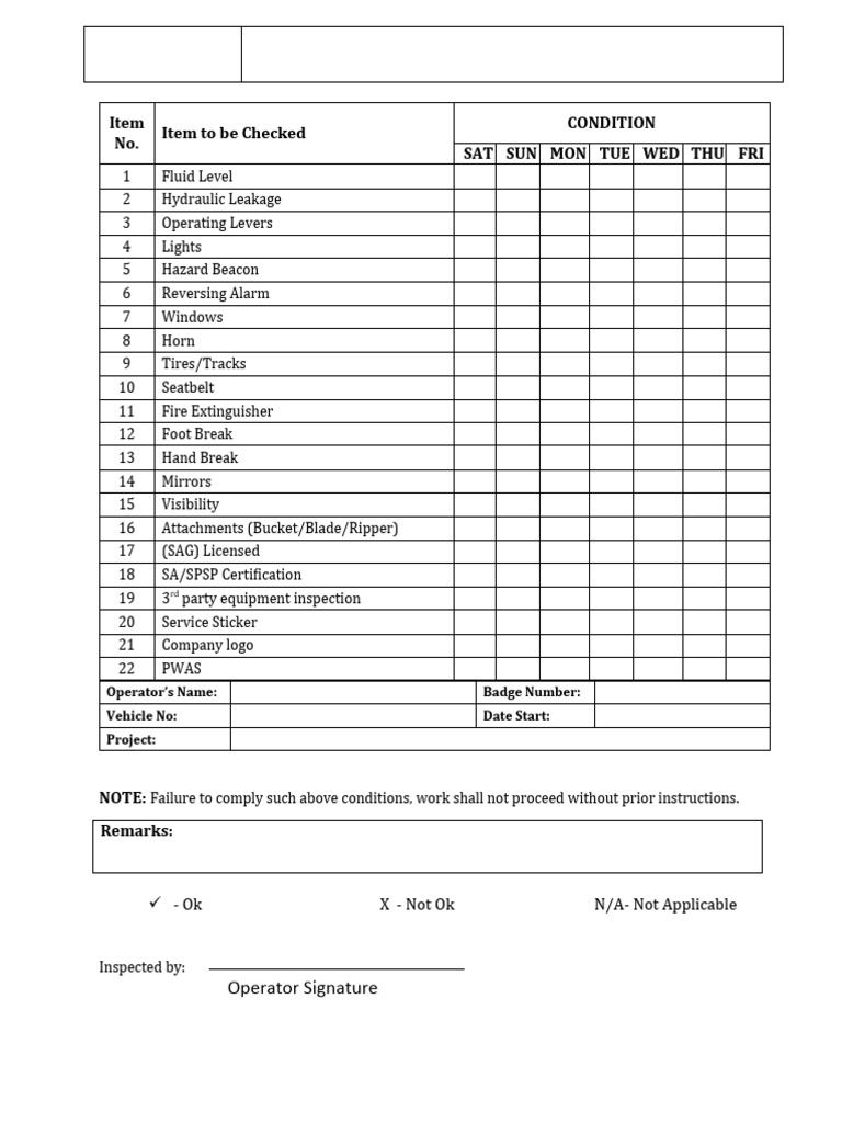 15 - Weekly Backhoe Inspection Checklist | PDF