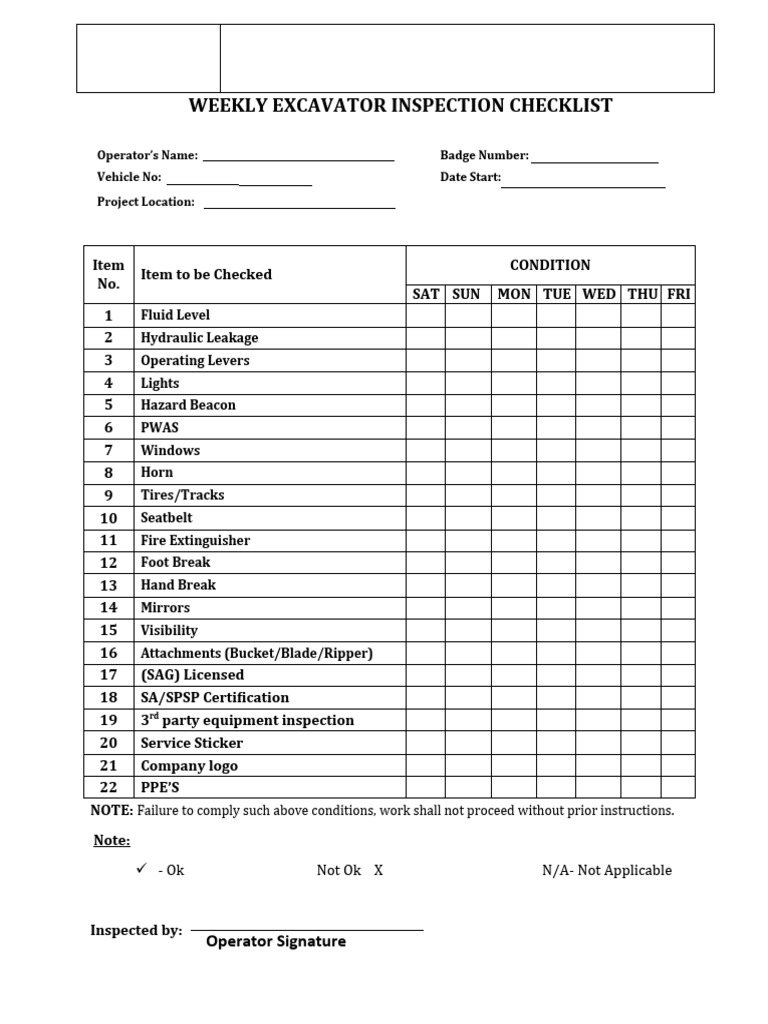 16-Weekly Excavator Inspection Checklist | PDF | Business | Computers