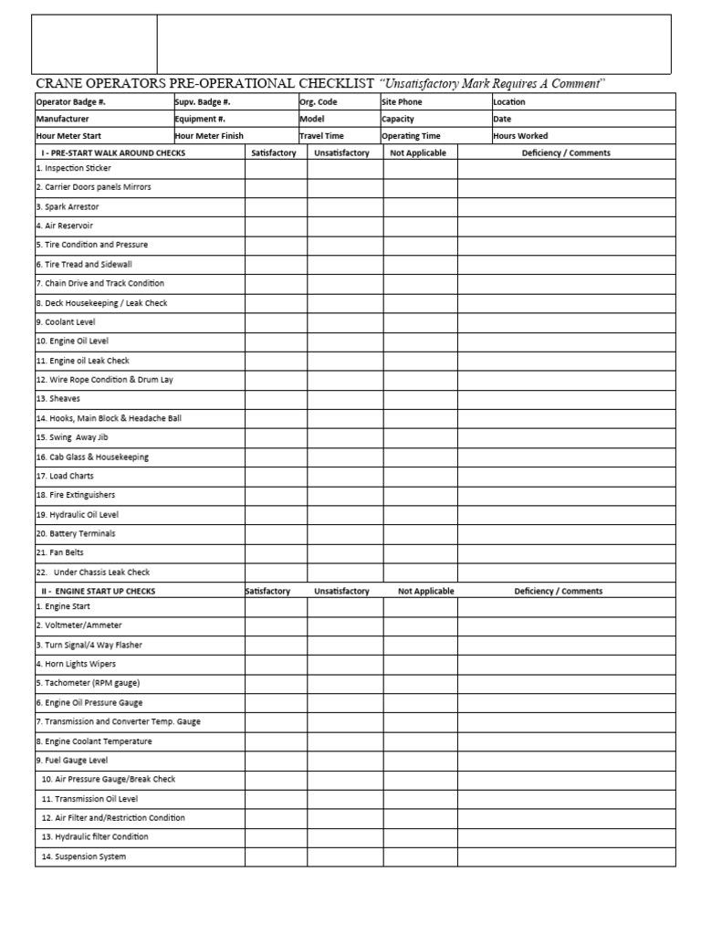 29 - Crane Operators Pre-Operational Checklist | PDF | Crane (Machine ...