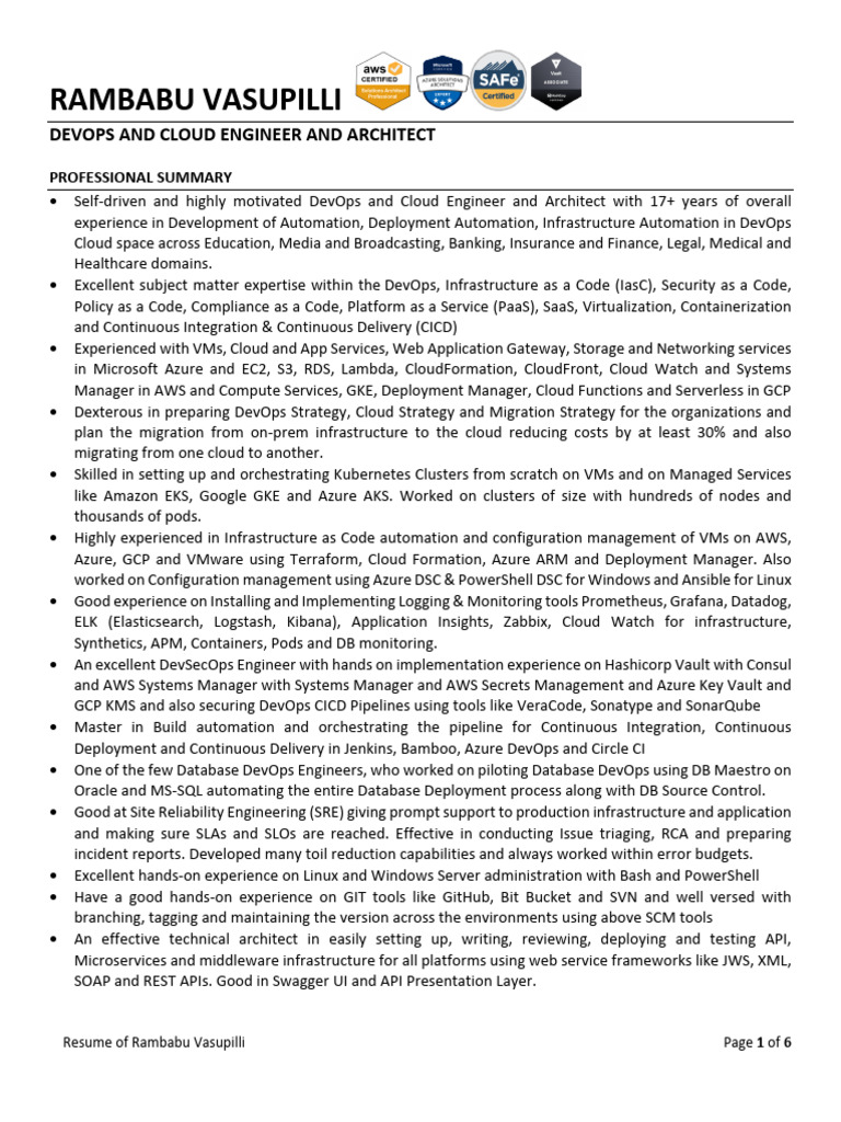 Rambabu Vasupilli: DevOps Architect Resume | PDF | Cloud Computing | Microsoft Azure