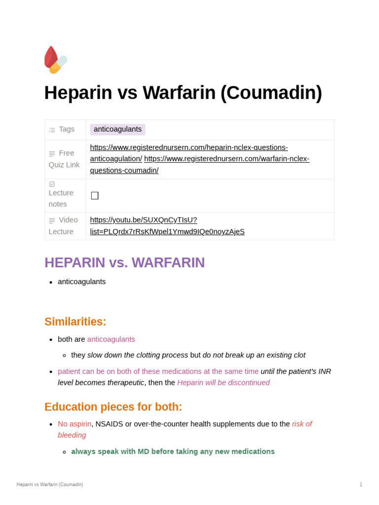 Heparin Vs Warfarin (Coumadin) | PDF | Coagulation | Clinical Medicine