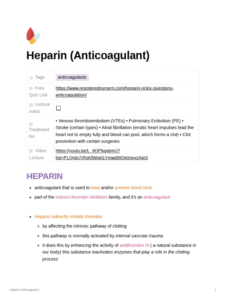 Heparin (Anticoagulant) | PDF | Thrombus | Thrombosis