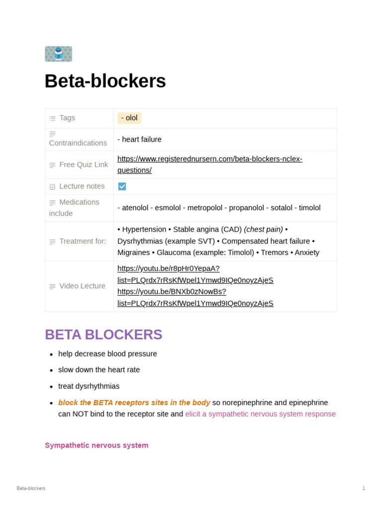 Beta Blockers: Uses and Contraindications | PDF | Heart | Cardiology