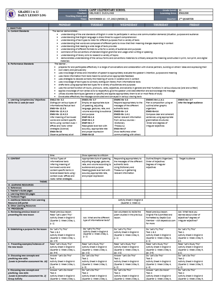 DLL - English 6 - Q2 - W2 | PDF | English Language | Learning DLL - English 6 - Q2 - W2 | PDF | English Language | Learning
