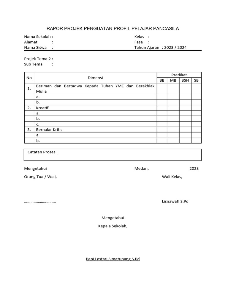Rapor Projek Penguatan Profil Pelajar Pancasila | PDF