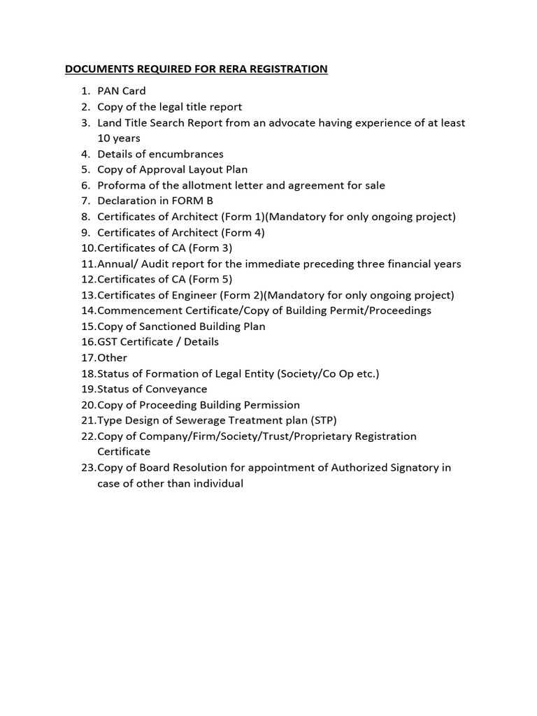 Documents Required For Rera Registration | PDF Documents Required For Rera Registration | PDF