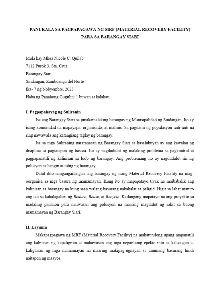 Panukala Sa Pagpapagawa NG MRF | PDF Panukala Sa Pagpapagawa NG MRF | PDF