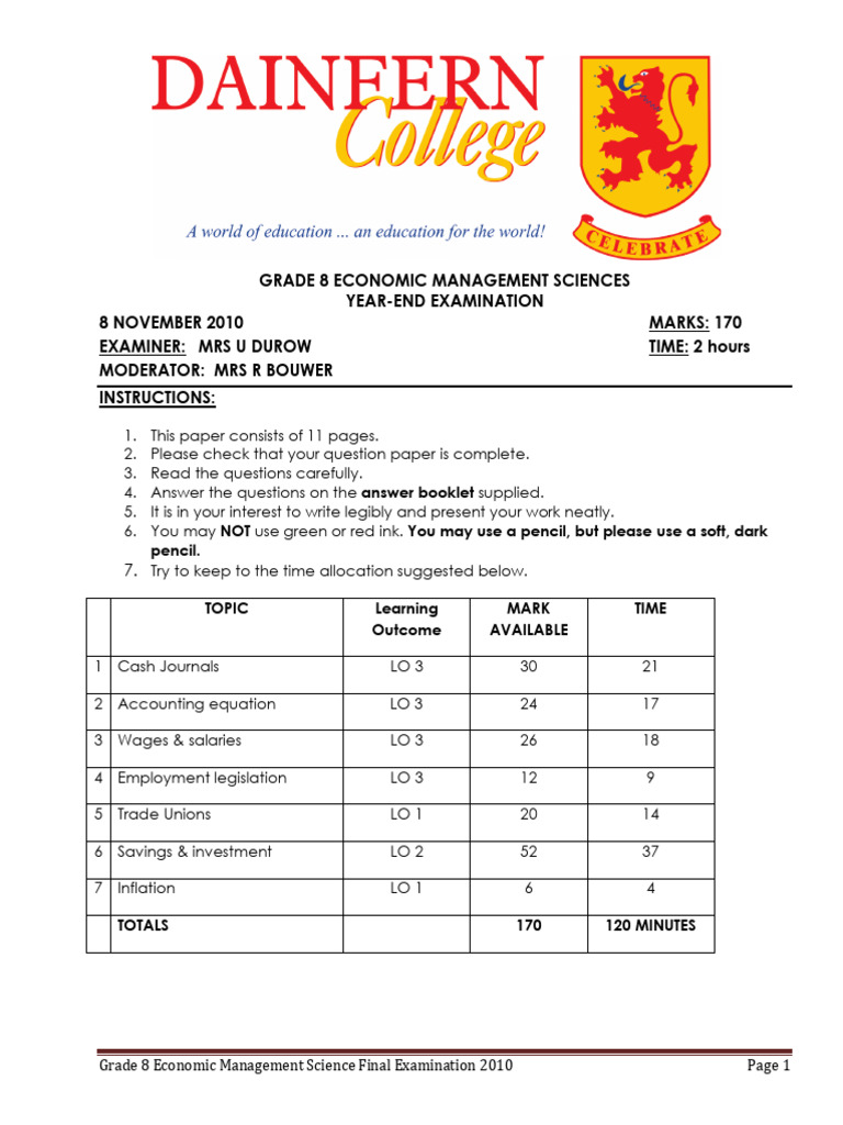 Grade 8 EMS Exam 2010 | PDF | Banks | Inflation