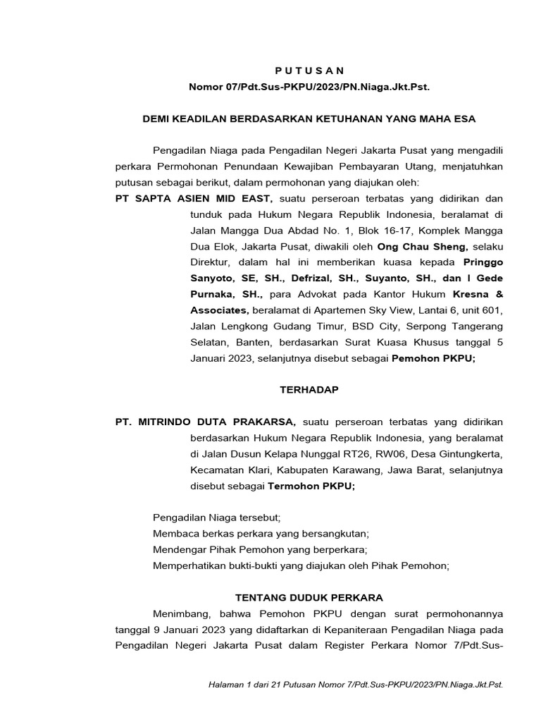 PN Niaga JKT - PST 2023 PDT - sus-PKPU 7 Putusan Akhir | PDF