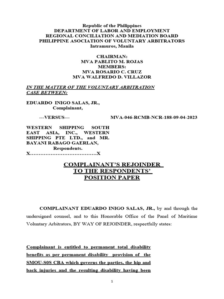 Rejoinder Third Engineer Eduardo Salas | PDF | Employment | Labour Law