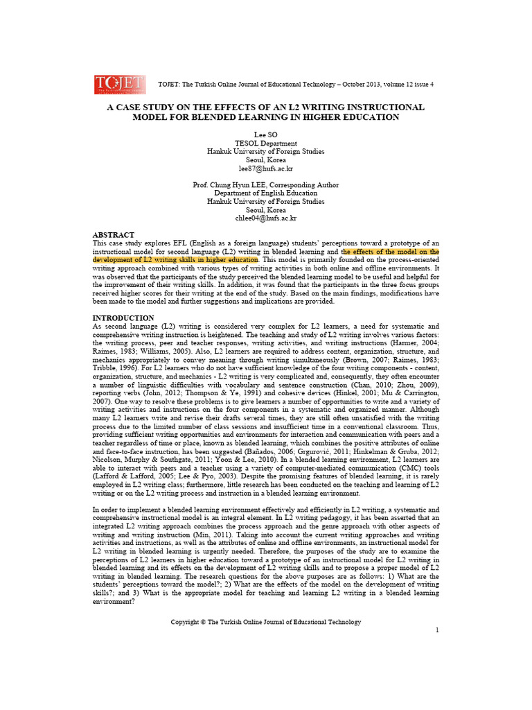 BL-So & Lee 2013 A CASE STUDY ON THE EFFECTS OF AN L2 WRITING INSTRUCTIONAL MODEL FOR BLENDED ...