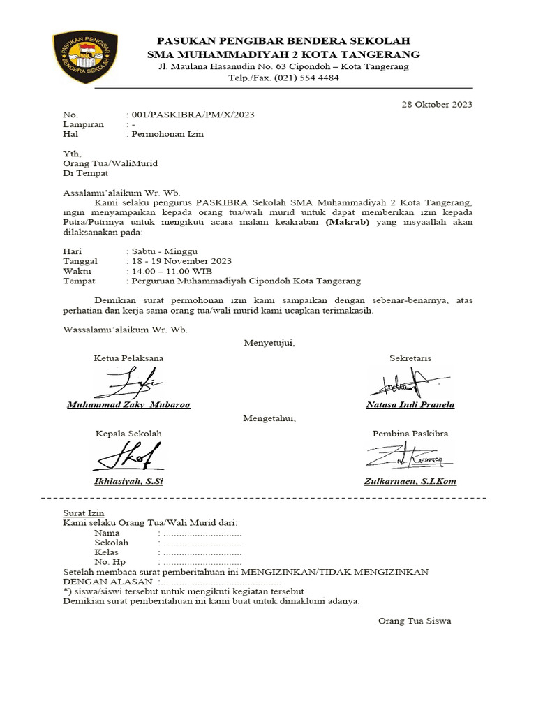 Izin Makrab Paskibra SMA Muhammadiyah 2 | PDF