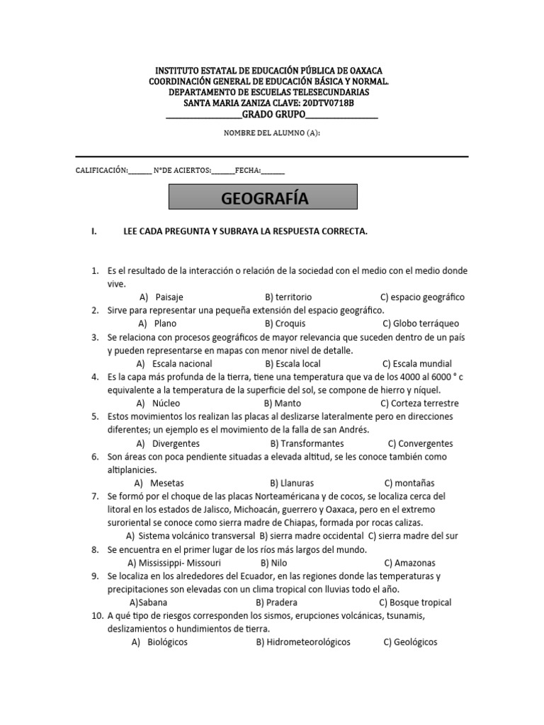 Examen Diagnostico Geografia | PDF | Tierra | Volcán