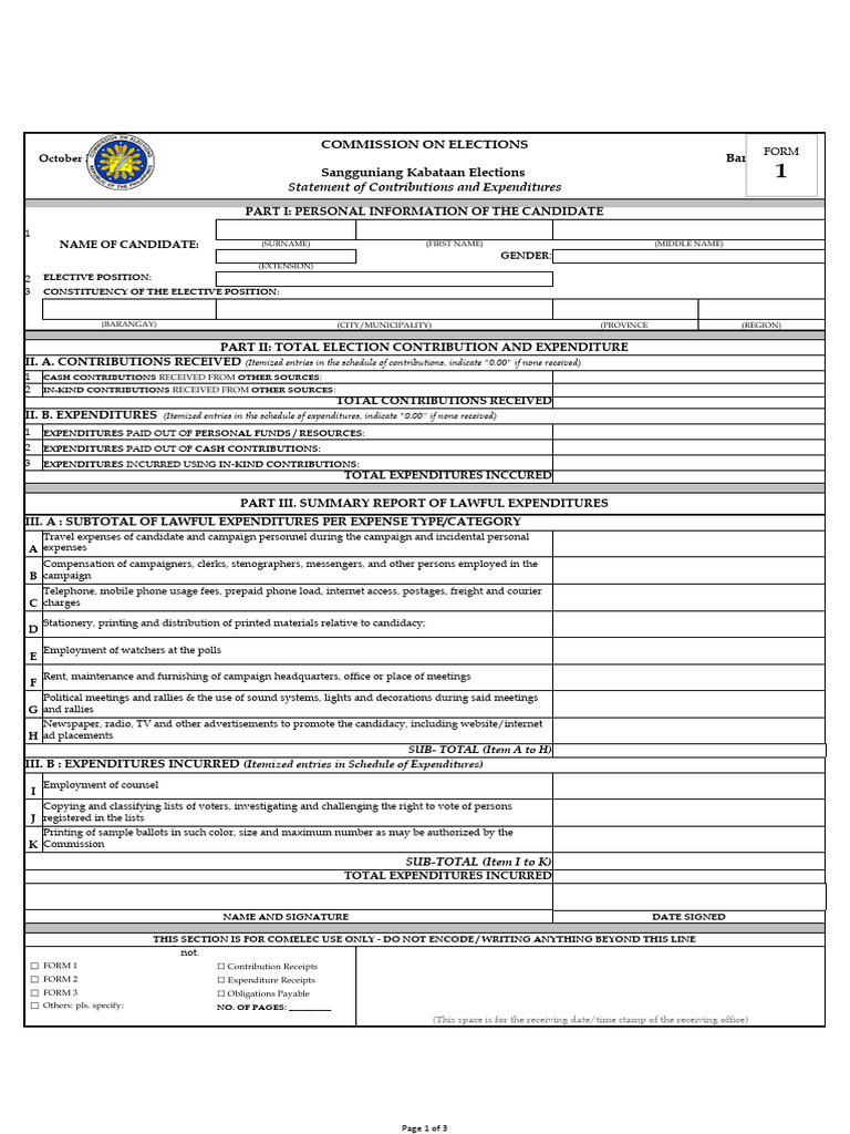 Election Contributions and Expenditures Form | PDF | Expense | Receipt