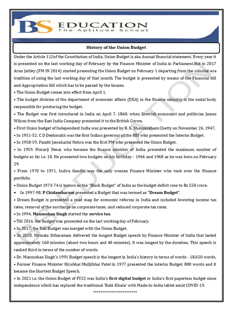 History of Union Budget | PDF | Public Administration | Government